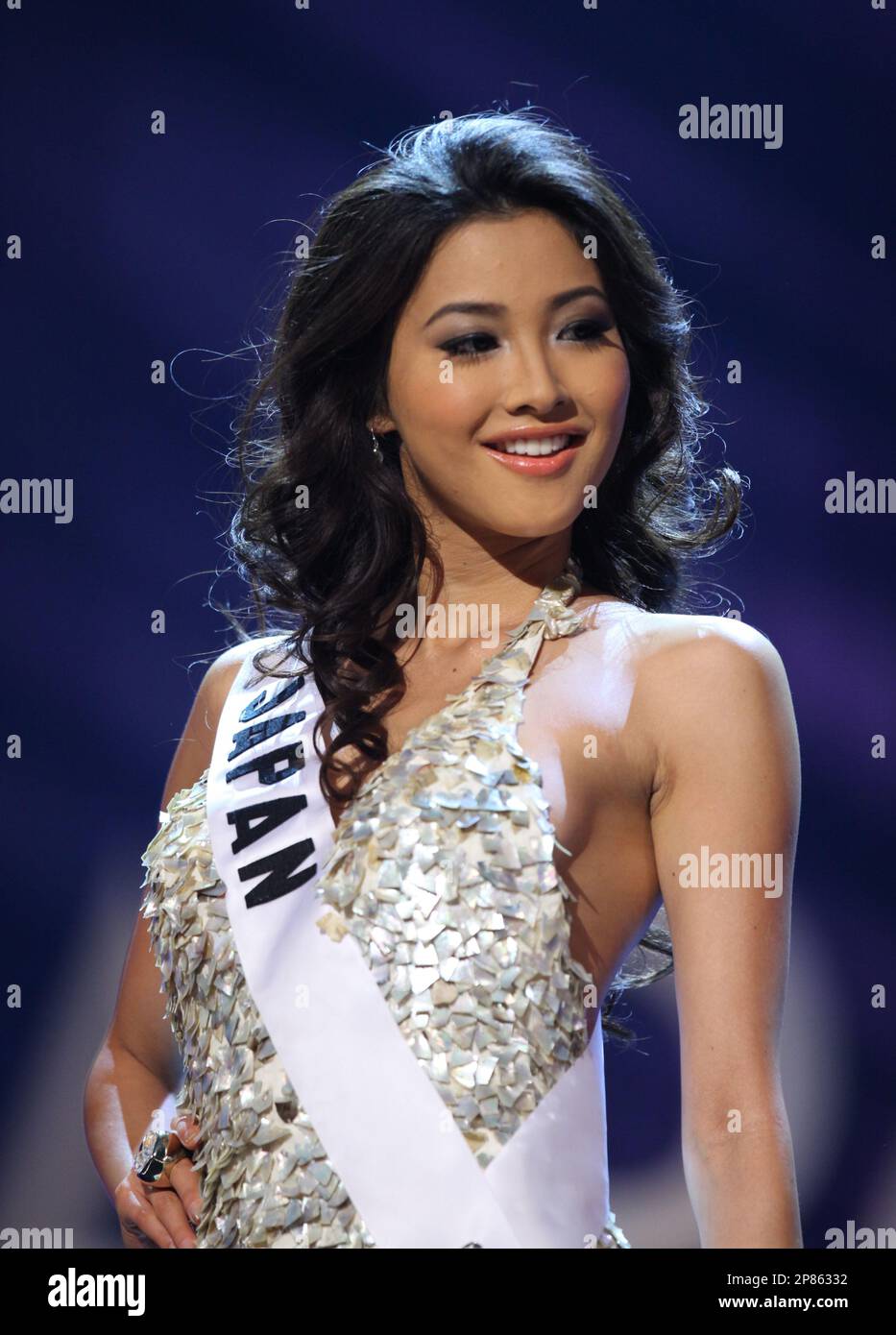 Miss Japan Emiri Miyasaka poses on the runway in the evening gown ...