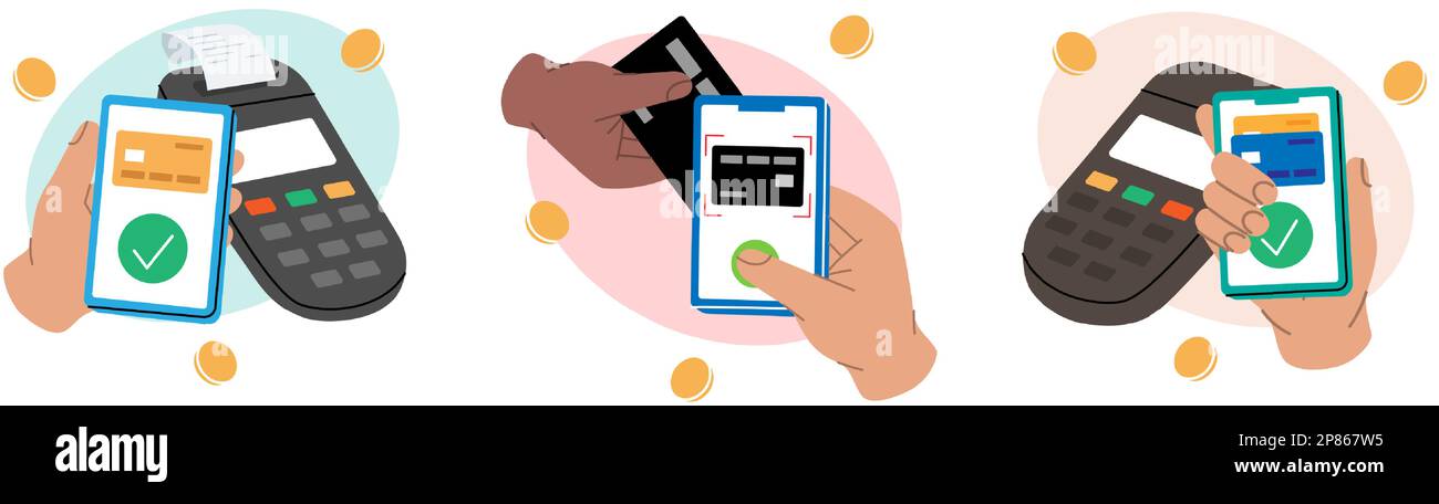 POS terminal for contactless pay with smartphone. Mobile banking app ...