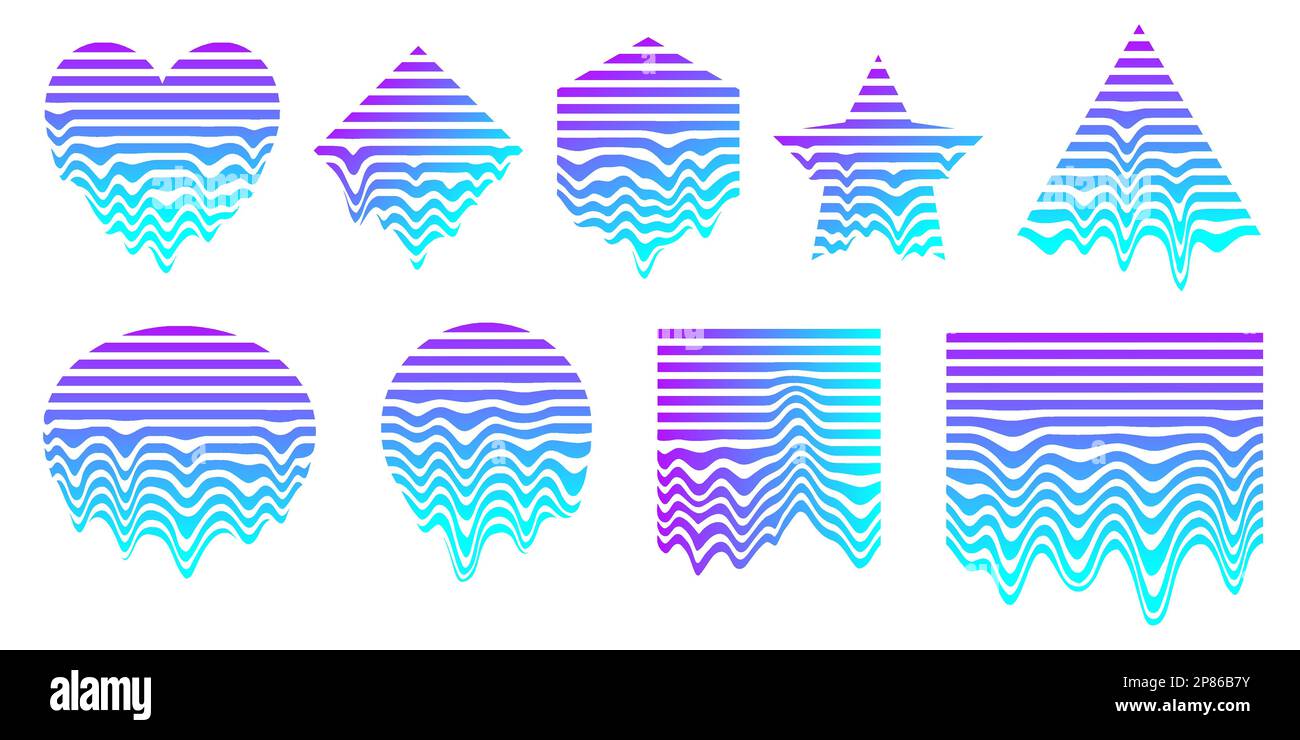 Glitch cyberpunk geometric shapes. Abstract graphic design elements. Futuristic melted drips ...