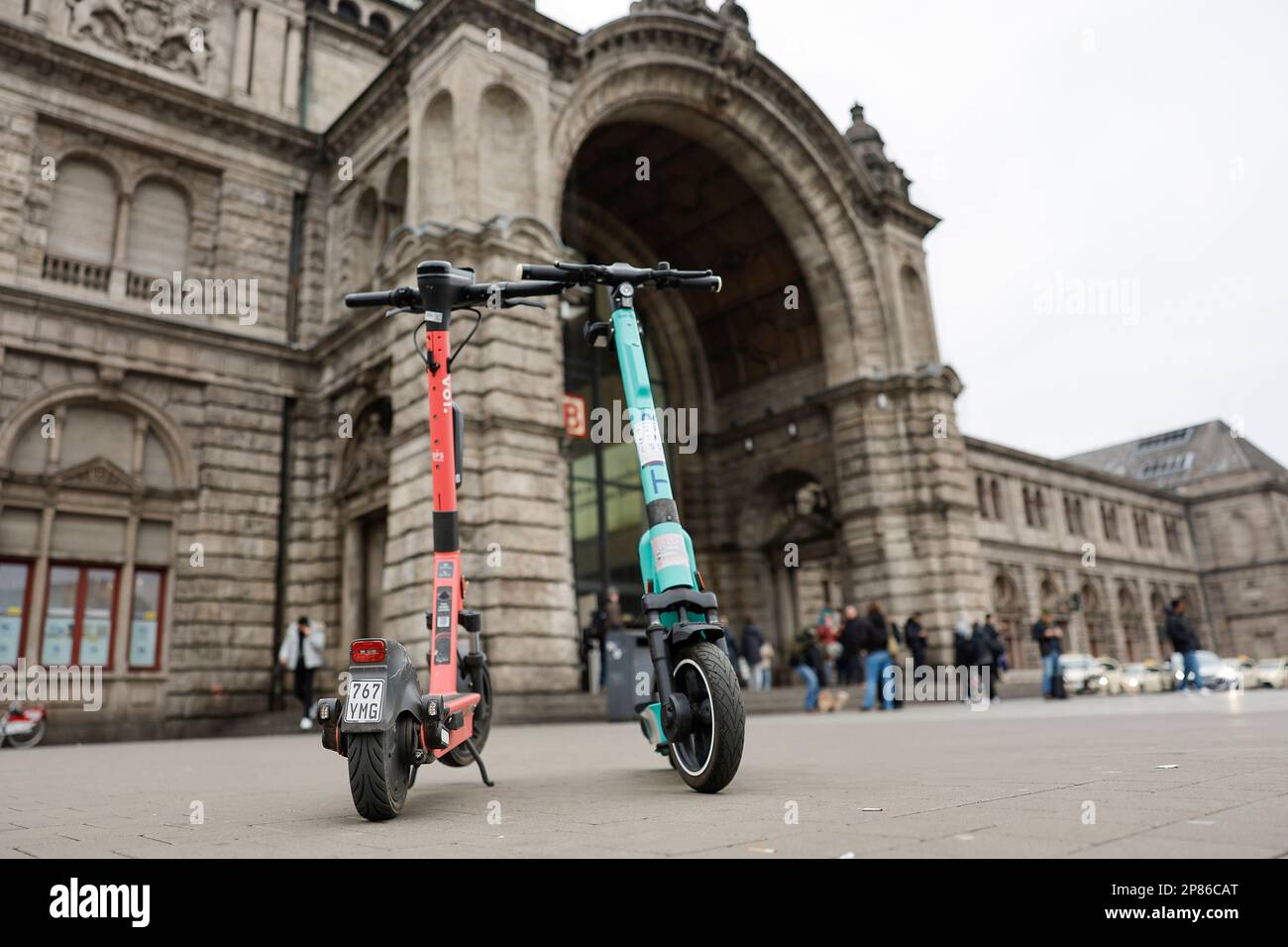 Nuremberg, Germany. 05th Mar, 2023. E-scooters stand in the square in ...
