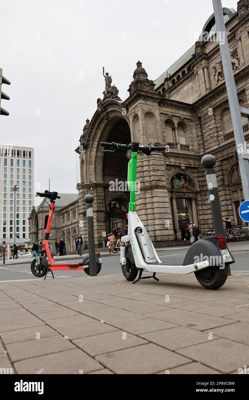 Nuremberg, Germany. 05th Mar, 2023. E-scooters stand in the square in ...