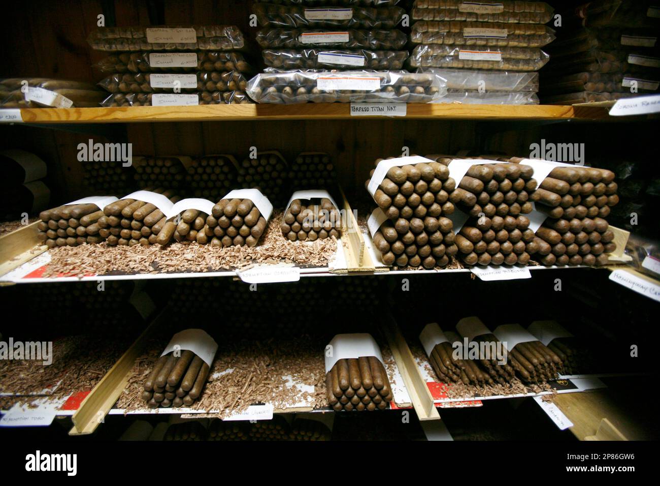 This Aug. 5, 2009 photo shows bundles of cigars being aged in a climate ...