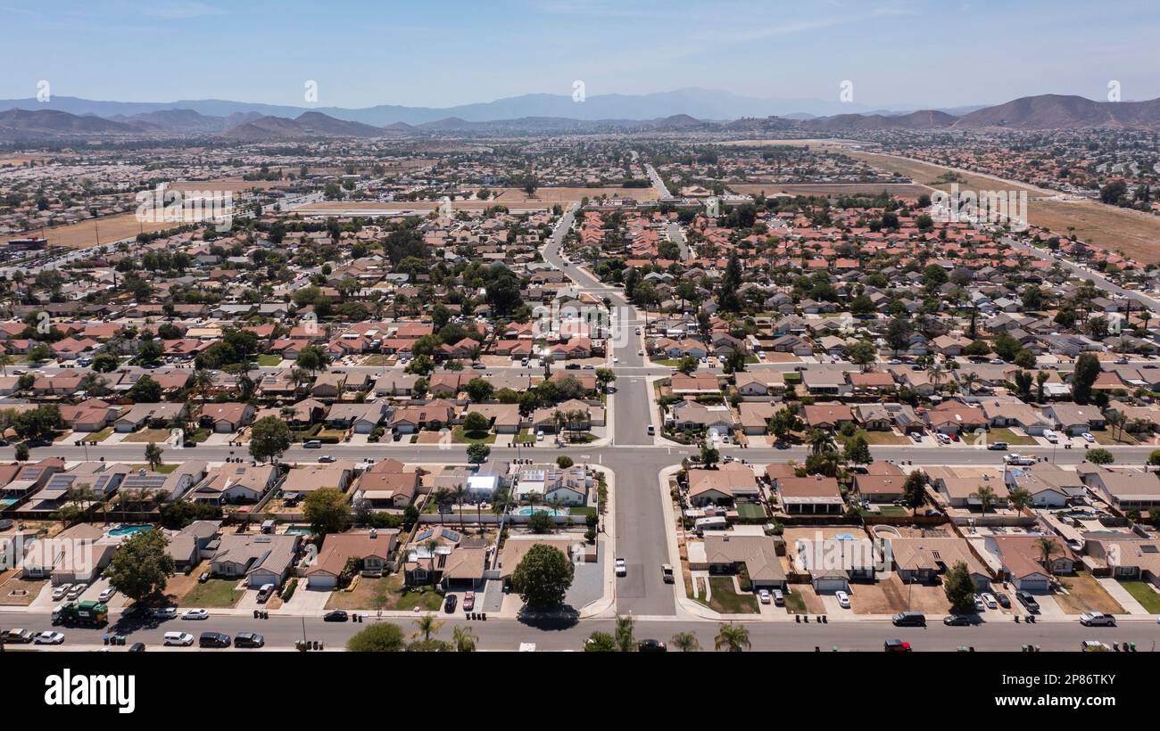 Aerial view of a sprawling neighborhood of family homes in Menifee ...