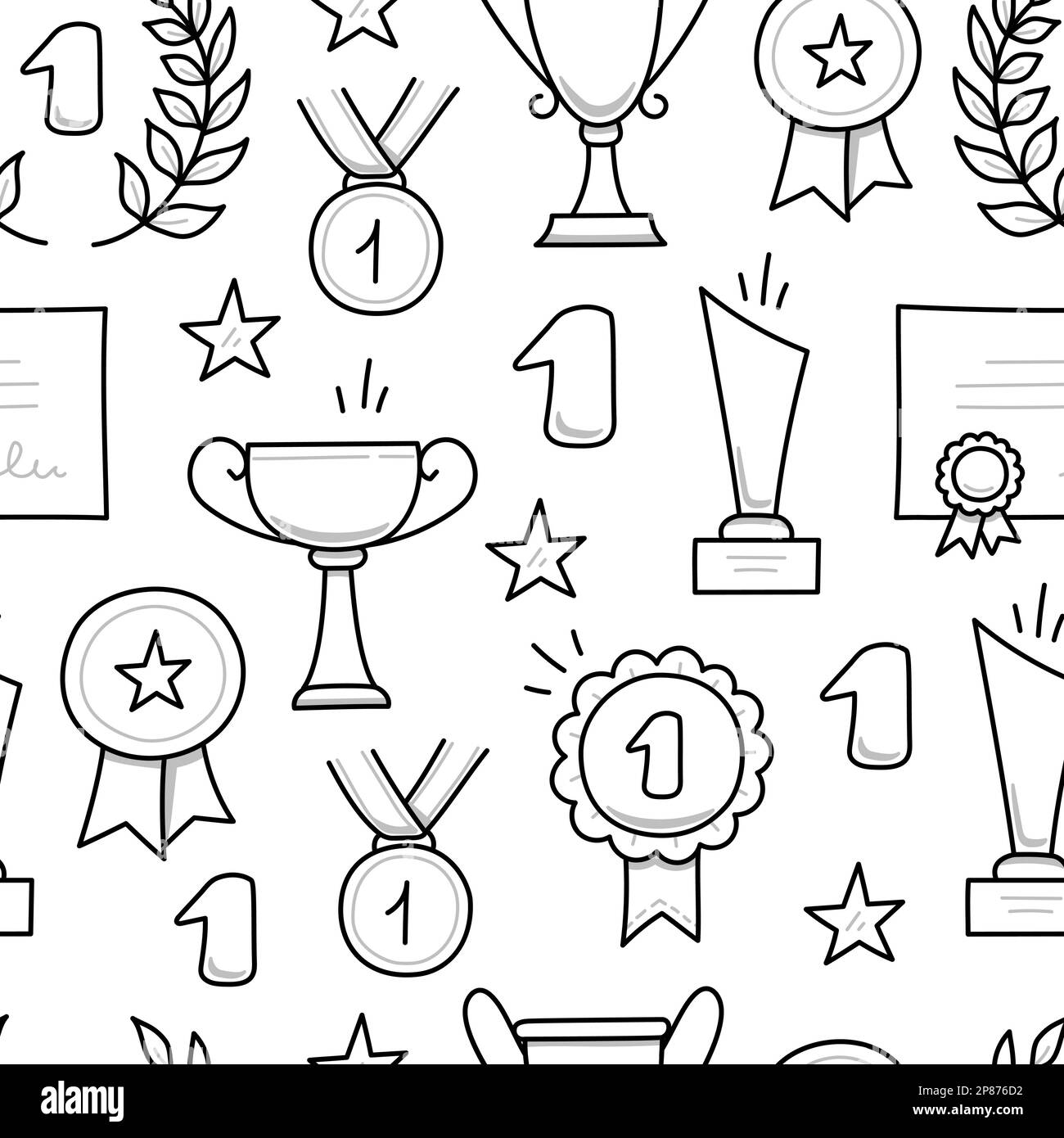 Award doodle hand drawn seamless pattern. Winner trophy cup, champion ...