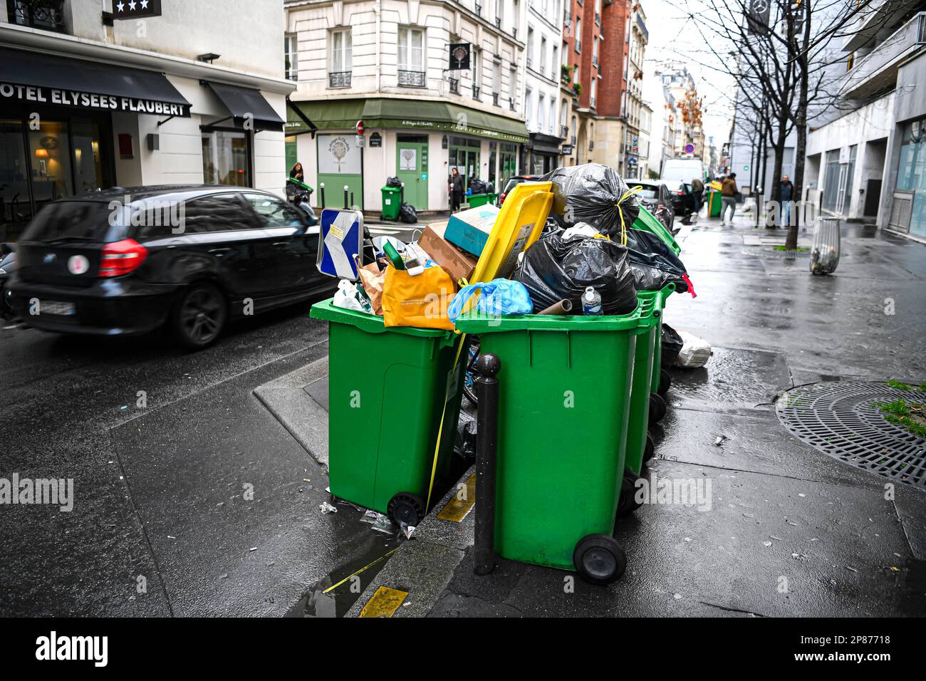 Illustration picture shows full bins on March 8, 2023 in Paris. A strike by waste collectors in ...