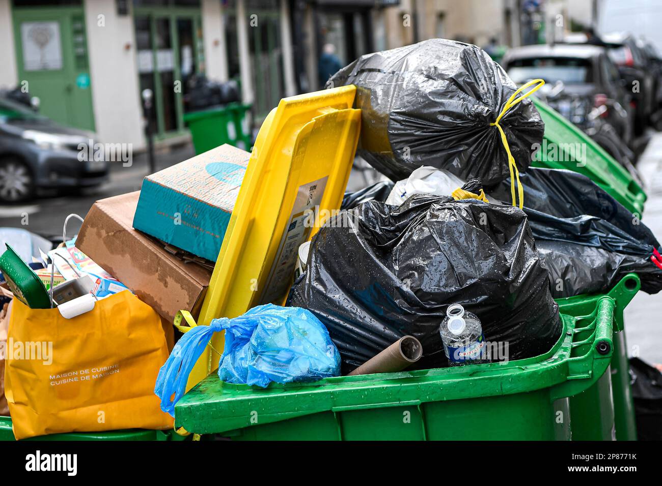 Illustration picture shows full bins on March 8, 2023 in Paris. A strike by waste collectors in ...