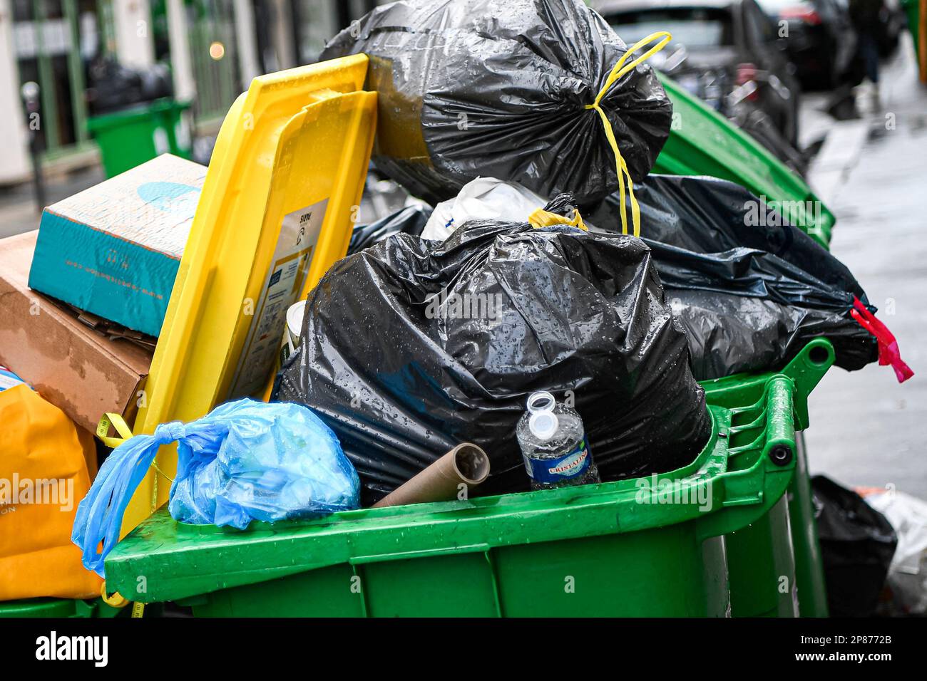 Illustration picture shows full bins on March 8, 2023 in Paris. A strike by waste collectors in ...