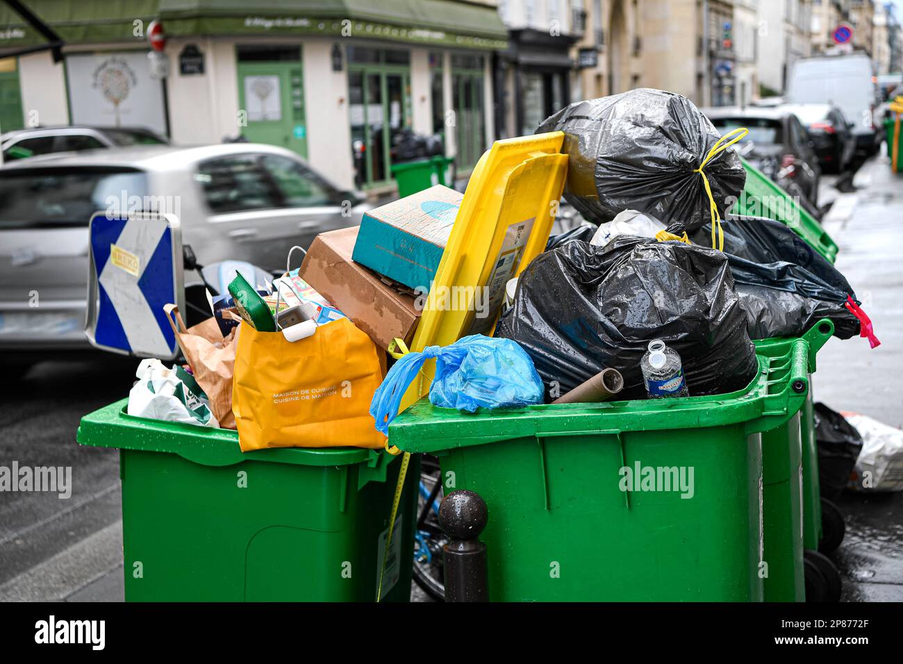 Illustration picture shows full bins on March 8, 2023 in Paris. A strike by waste collectors in ...