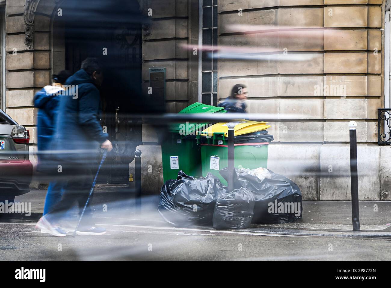 Illustration picture shows full bins on March 8, 2023 in Paris. A strike by waste collectors in ...