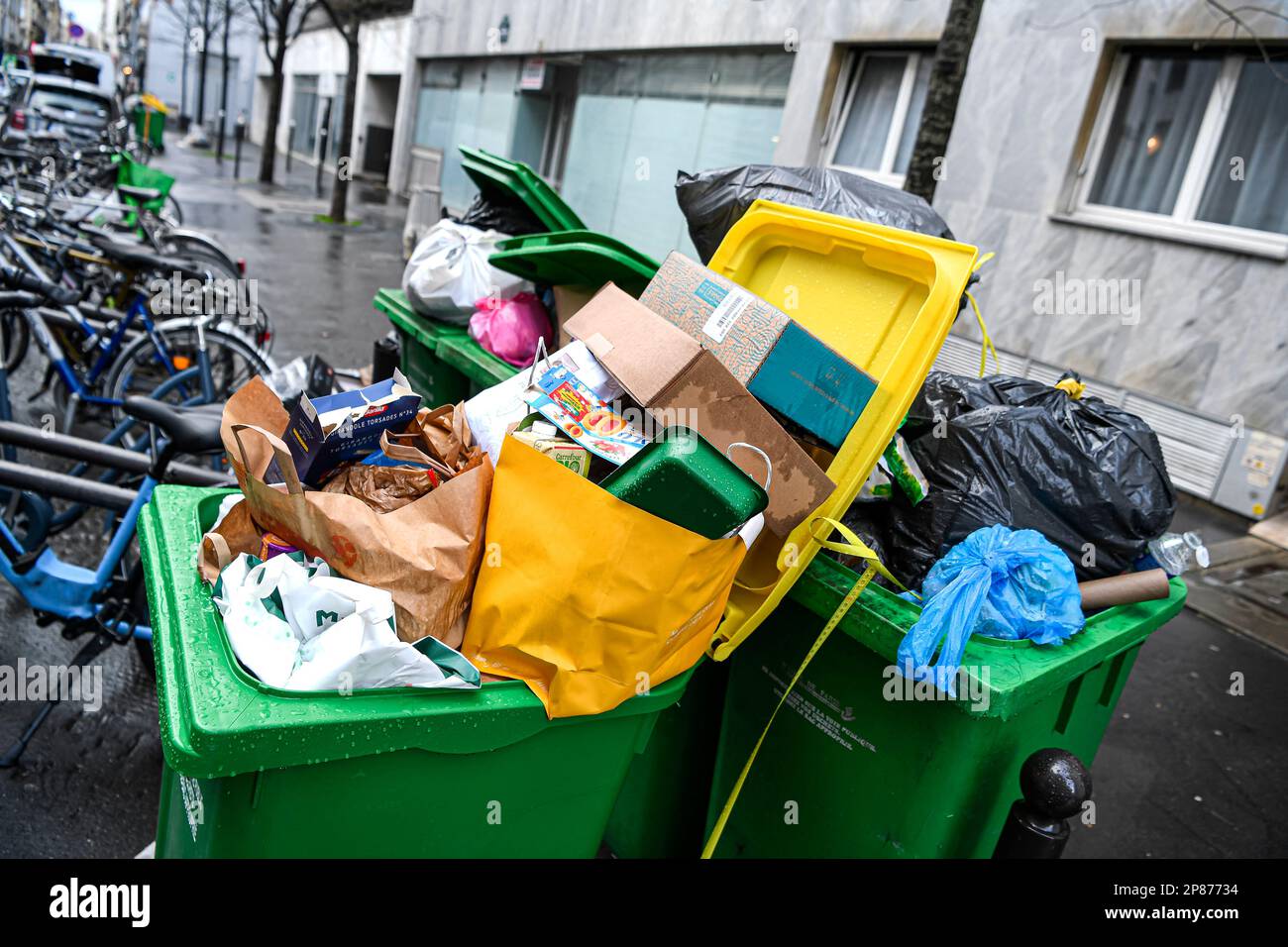 Illustration picture shows full bins on March 8, 2023 in Paris. A strike by waste collectors in ...