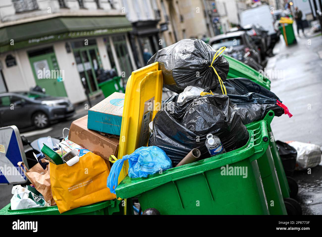 Illustration picture shows full bins on March 8, 2023 in Paris. A strike by waste collectors in ...