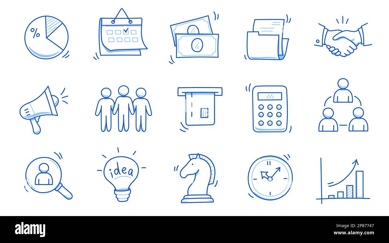Doodle business icon set. Doodle business, finance, office teamwork ...