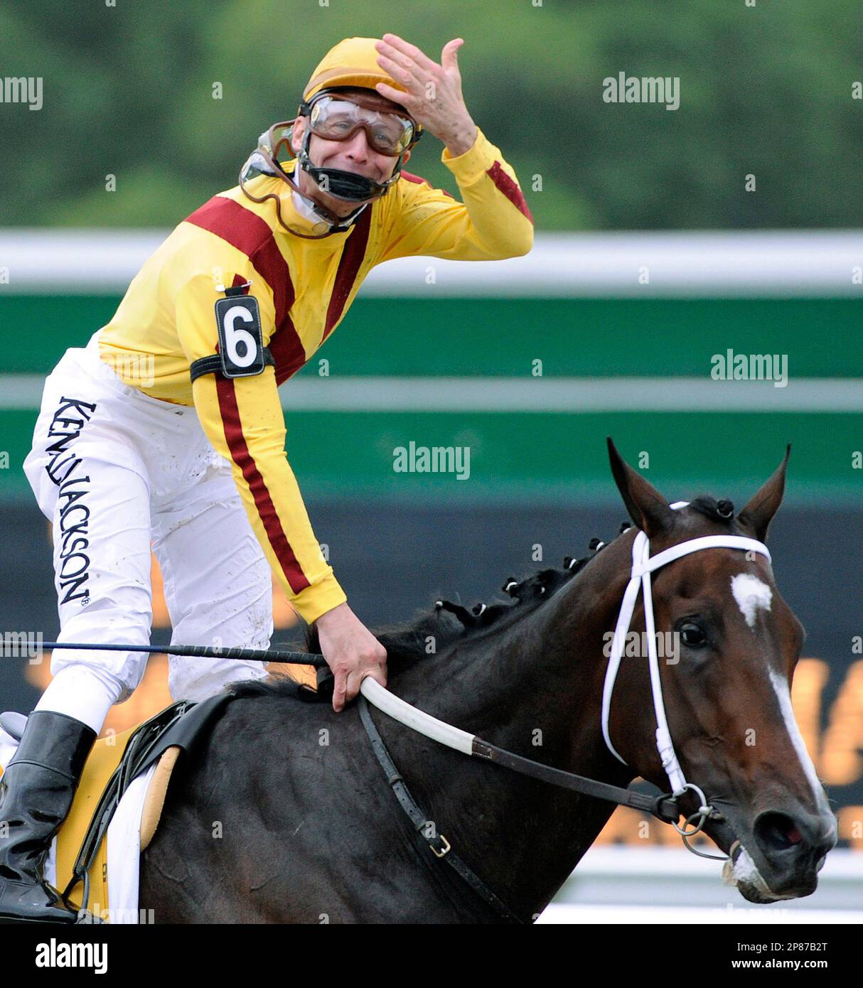 Jockey Cavin Borel reacts after winning the Haskell Invitational horse ...
