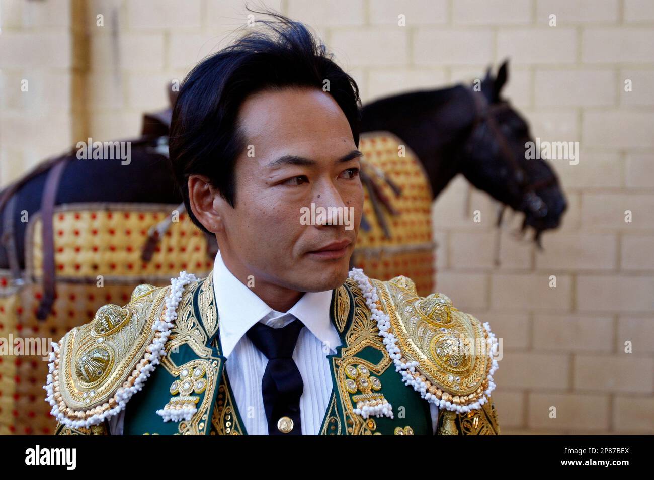 Japanese novice bullfighter Taira Nono looks on before a bullfight in ...