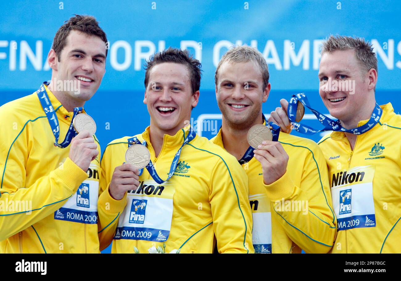 From left, Australia's Matt Targett, Andrew Lauterstein, Ashley Delaney ...