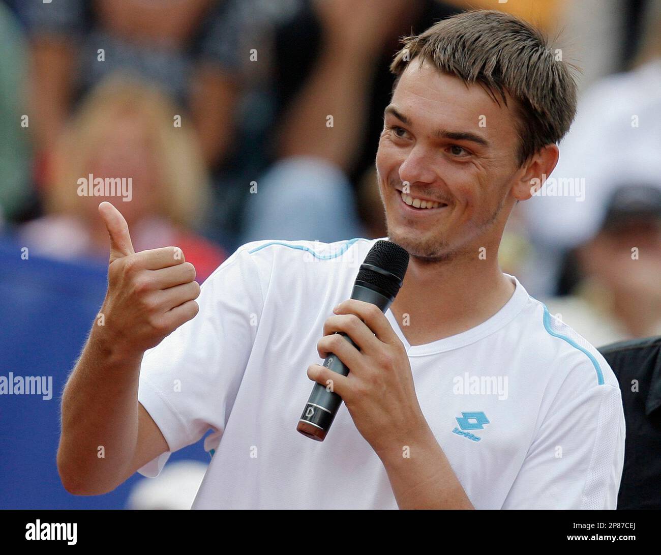 Andreas Beck of Germany reacts during his speach after loosing against ...