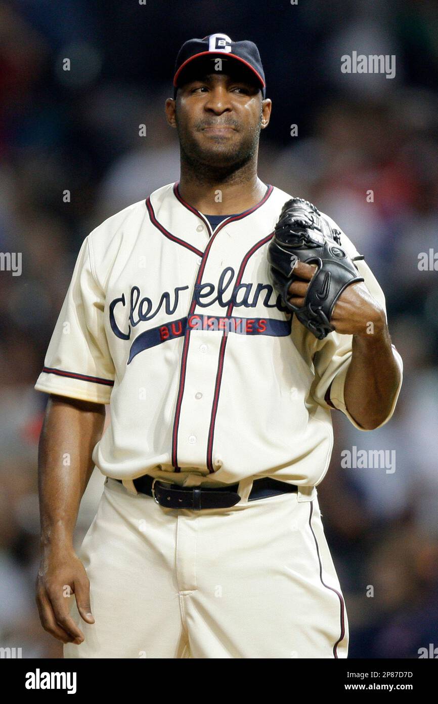 Cleveland Indians relief pitcher Jose Veras reacts after balking in the ...