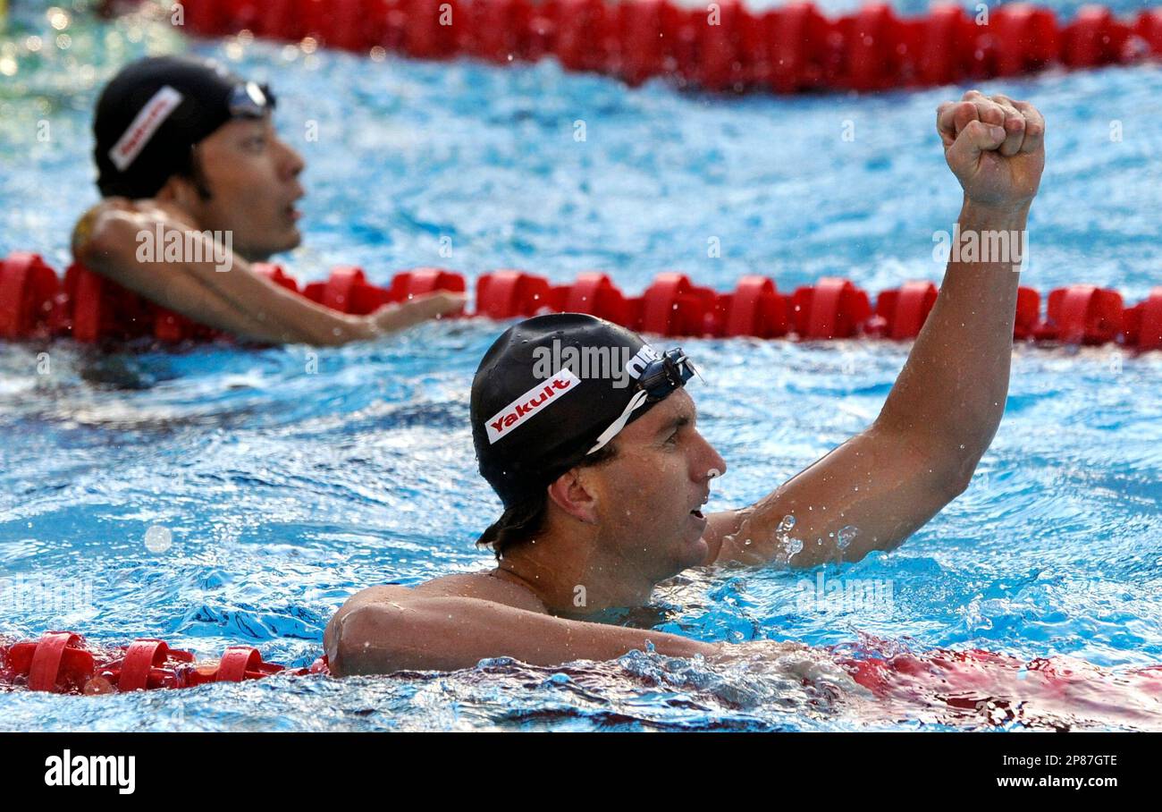 Aaron Peirsol of the United States reacts after winning the gold medal ...