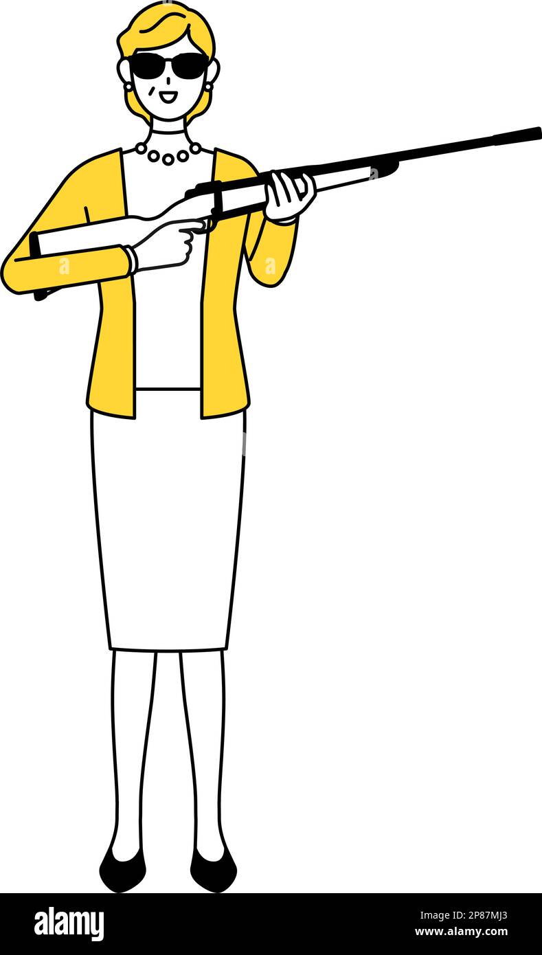 Retired seniors, middle-aged woman, with sunglasses and holding a rifle ...