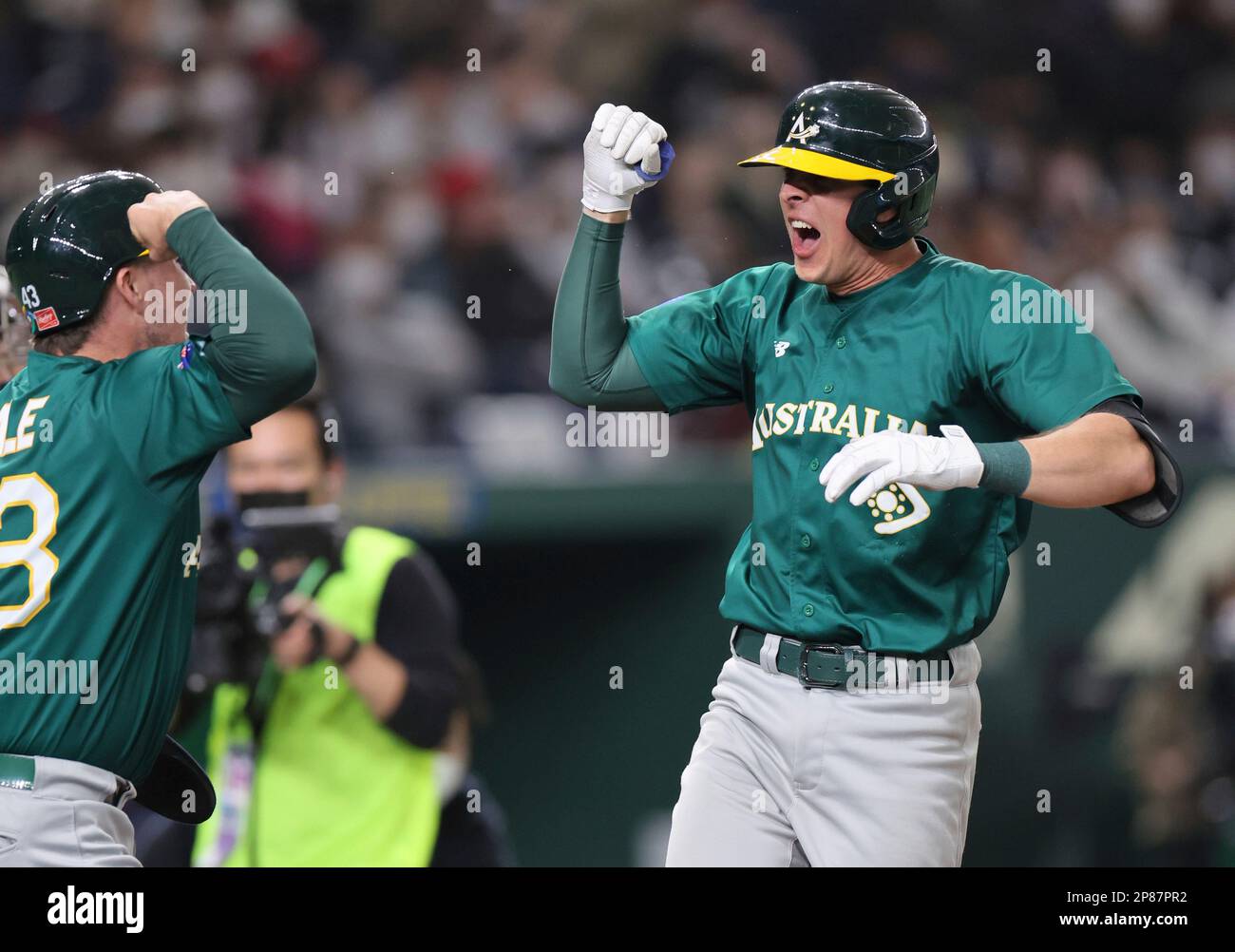 Australia's Robbie Perkins reacts after hitting a three-run homer in ...
