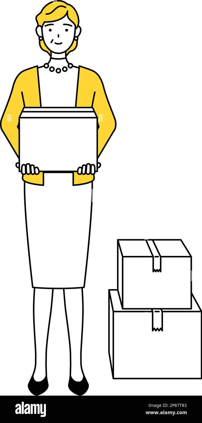 Retired seniors, middle-aged woman, working to carry cardboard boxes ...