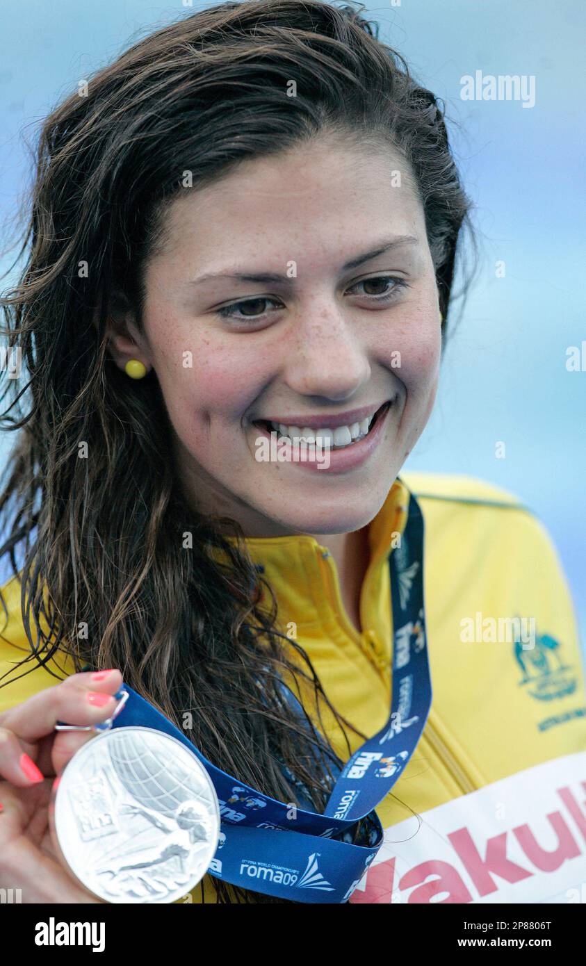 Australia's Stephanie Rice shows the silver medal she won in the Women ...