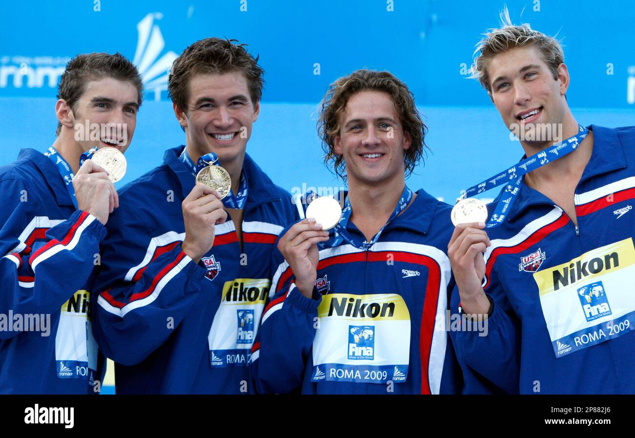 From left, Michael Phelps, Nathan Adrian, Ryan Lochte and Matt Grevers ...