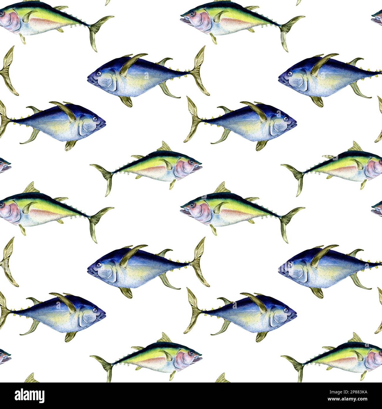 Various wild sea fish seamless pattern watercolor illustration isolated ...