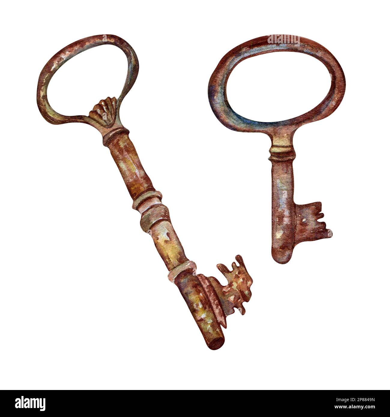 Set of rusty keys watercolor illustration isolated on white background ...