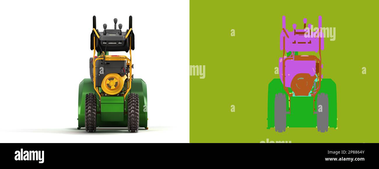 New walk behind tractor back view 3d render on white with colored alpha ...