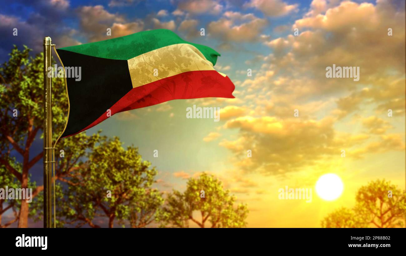 waving flag of Kuwait at sunrise for national celebration - abstract 3D ...