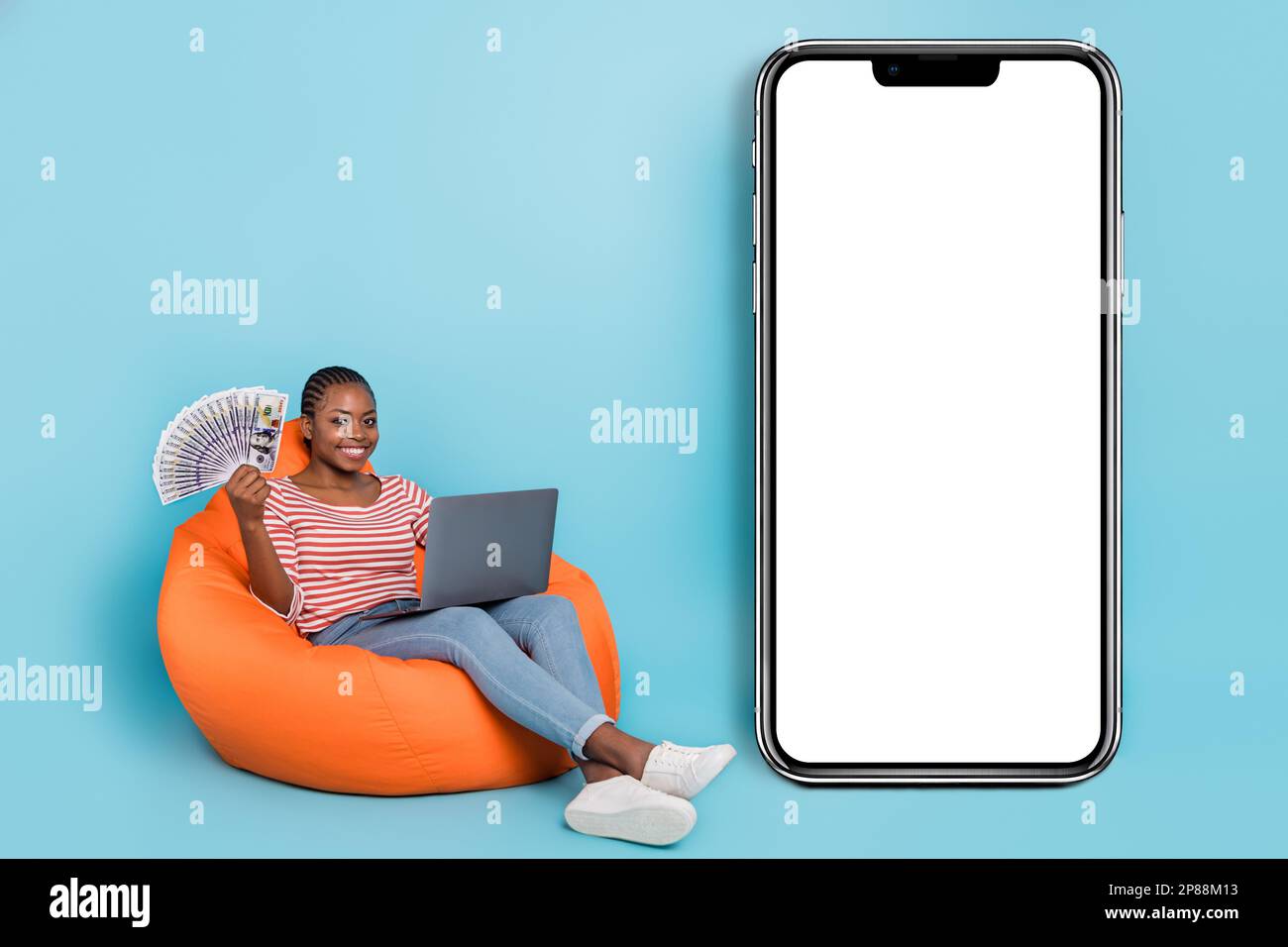 Full length portrait of attractive girl use netbook hold show dollars ...