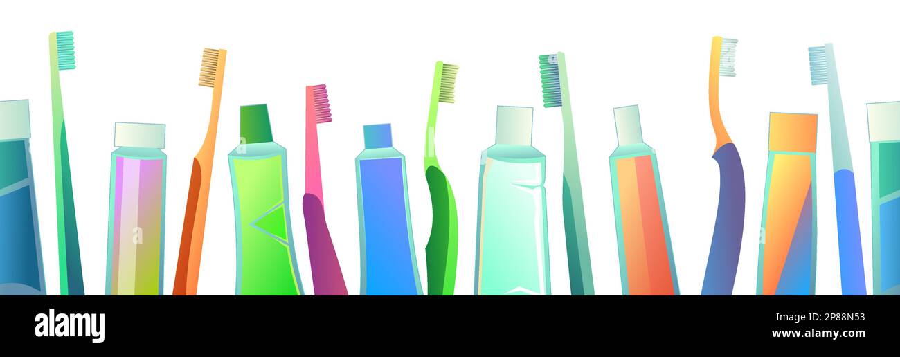 Tubes of toothpaste and toothbrushes. Seamless bottom border. Cartoon ...