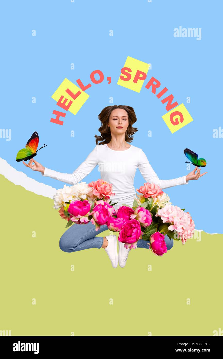 Charming girl practicing yoga inner balance hold butterflies on fingers ...