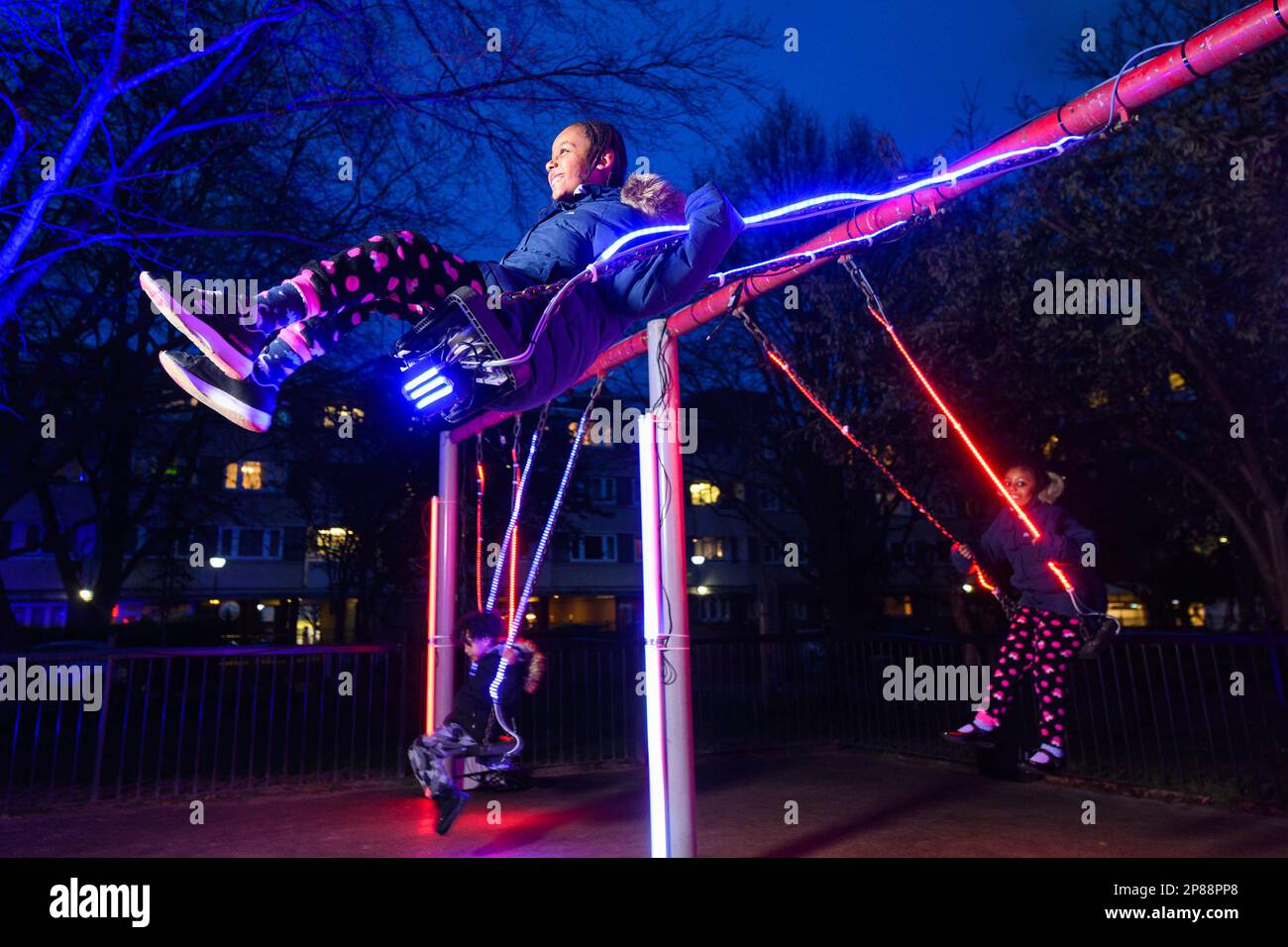Selina, aged 8, and Sarah, aged 6 play at the Virgin Media O2 ...
