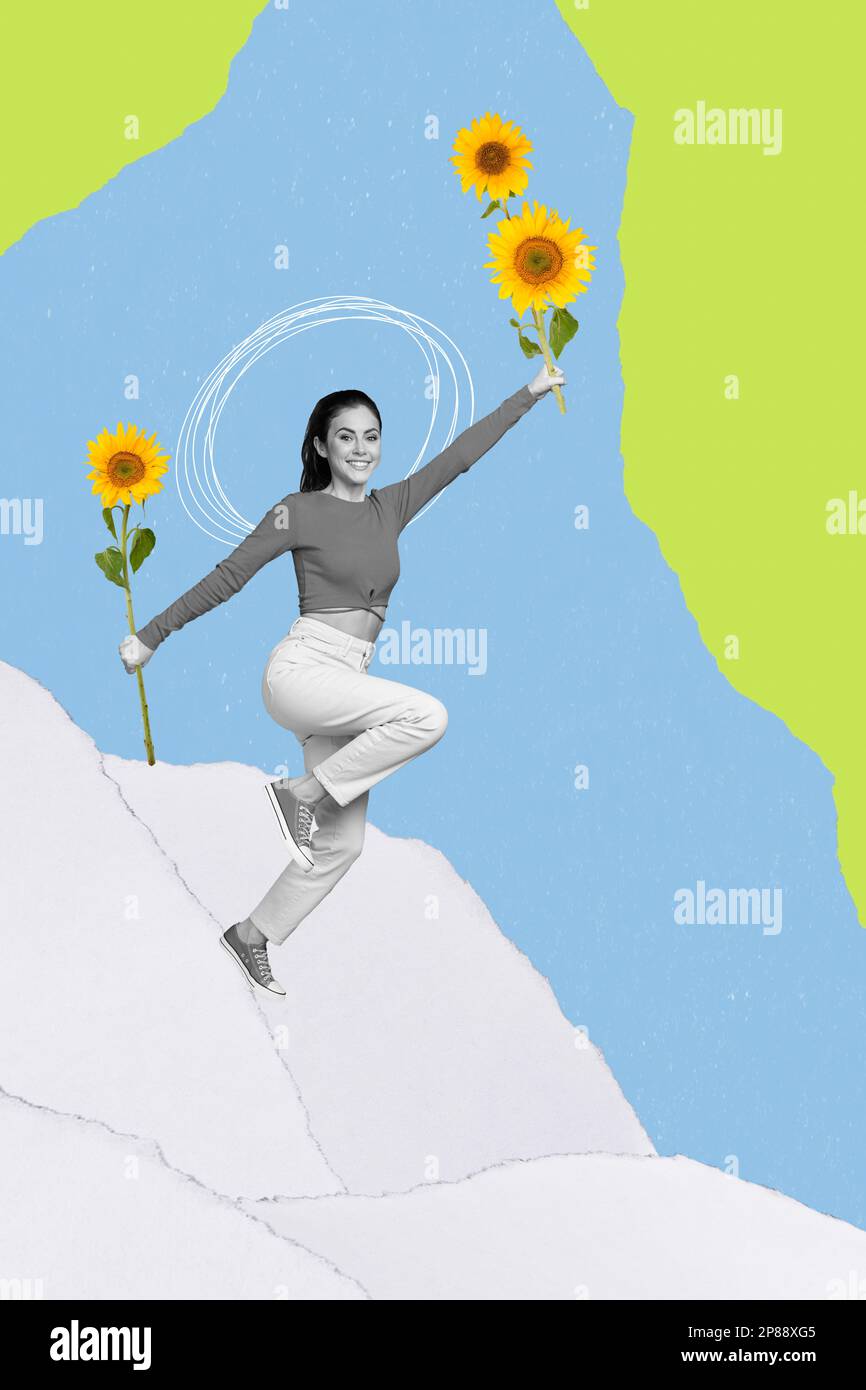 Joyful cute girl jumping from cliff with sunflowers in hands good mood ...