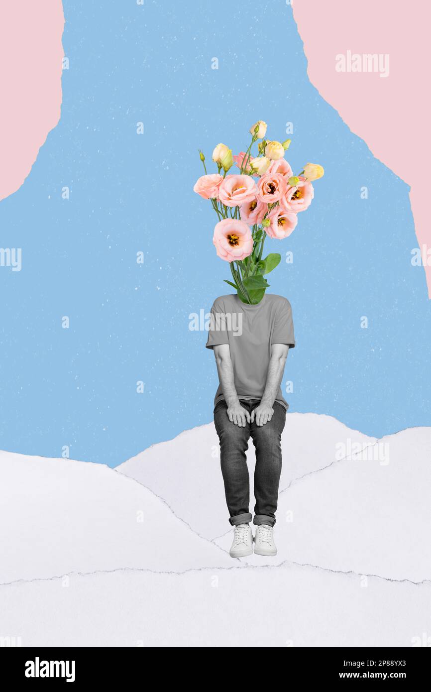 Young stranger guy roses bush grow instead head put inside white paper ...