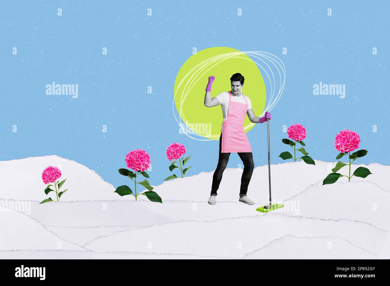 Happy funny man finished cleanup ground till white color celebrate ...