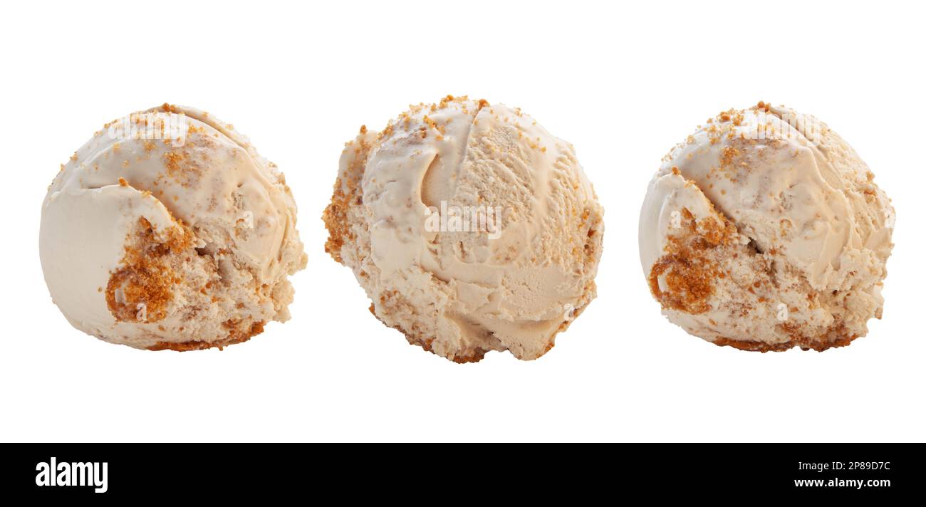 Lotus biscuit vanilla three scoops gelato ice cream in different angles ...
