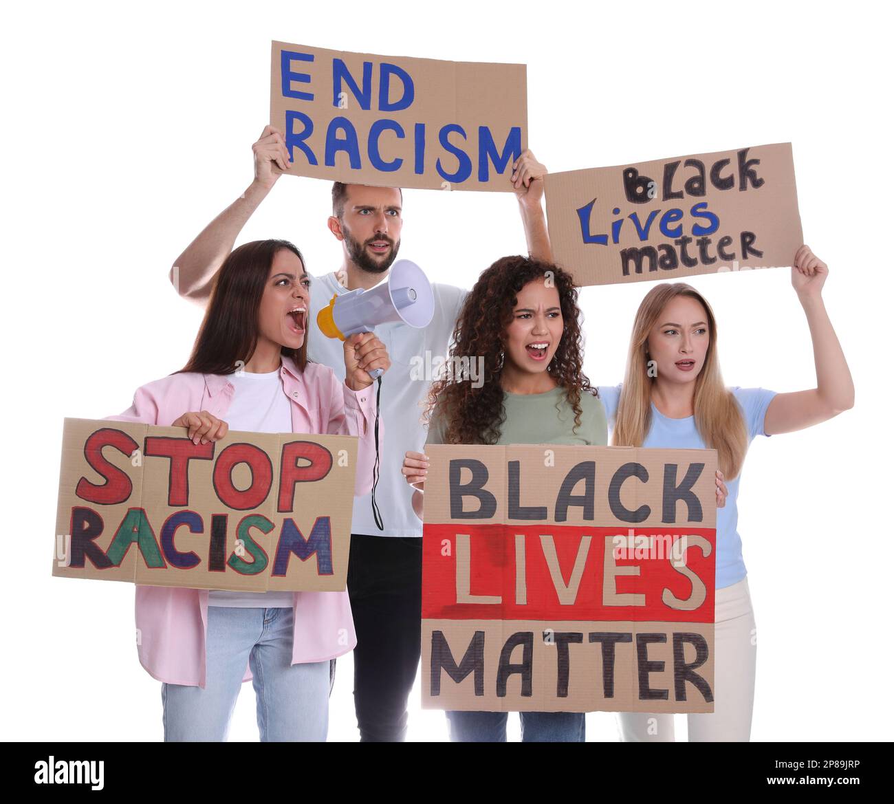 Protesters demonstrating different anti racism slogans on white ...