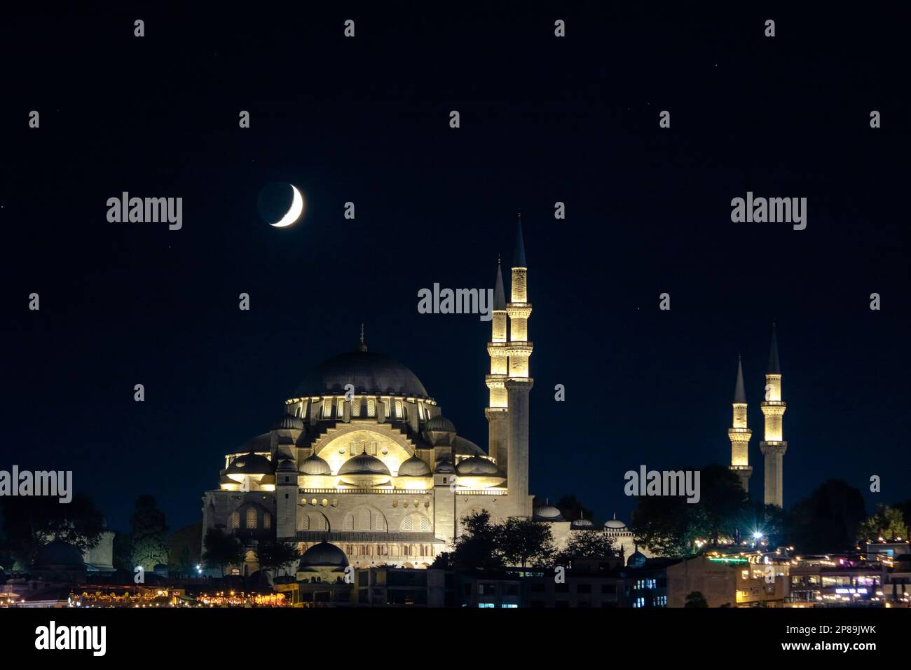 Islamic photo. Suleymaniye Mosque and crescent moon or hilal in Turkish ...