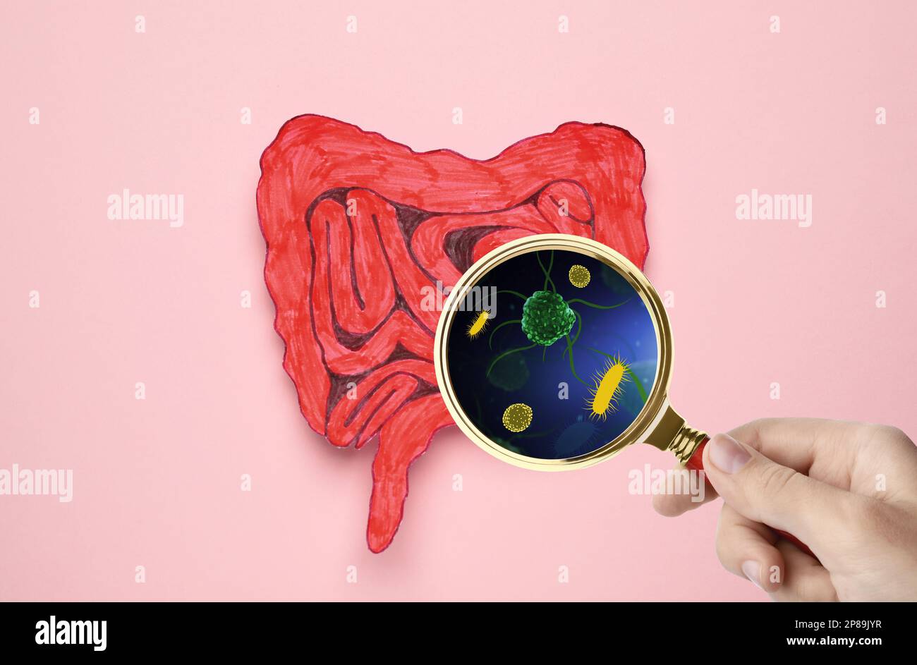 Microorganisms research. Woman with magnifying glass and paper ...