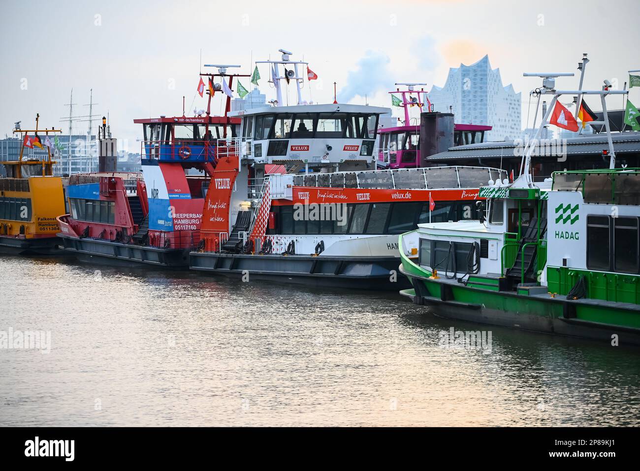 Hamburg, Germany. 09th Mar, 2023. Unmanned ferries are moored at the ...