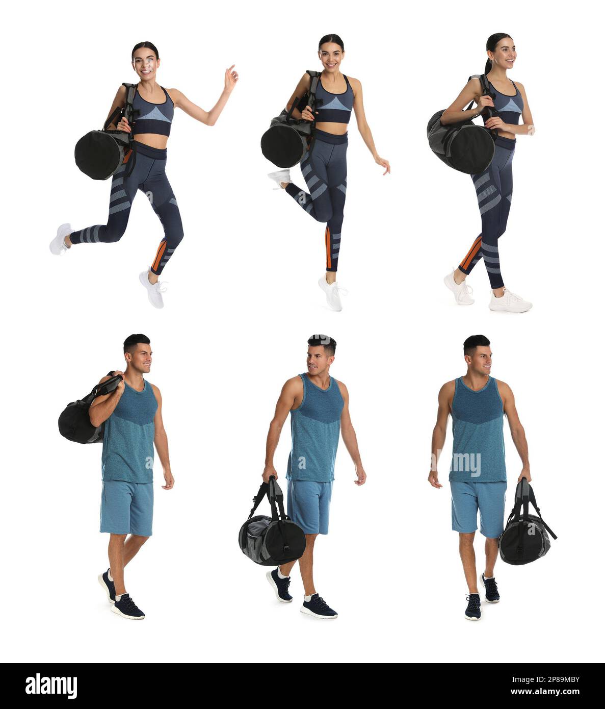 People with sports bags on white background, collage Stock Photo - Alamy