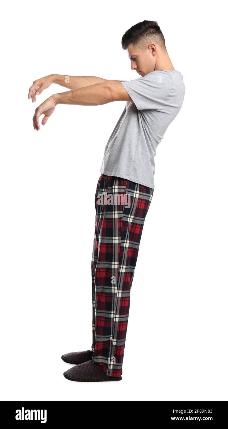 Somnambulist in pajamas on white background. Sleepwalking Stock Photo ...