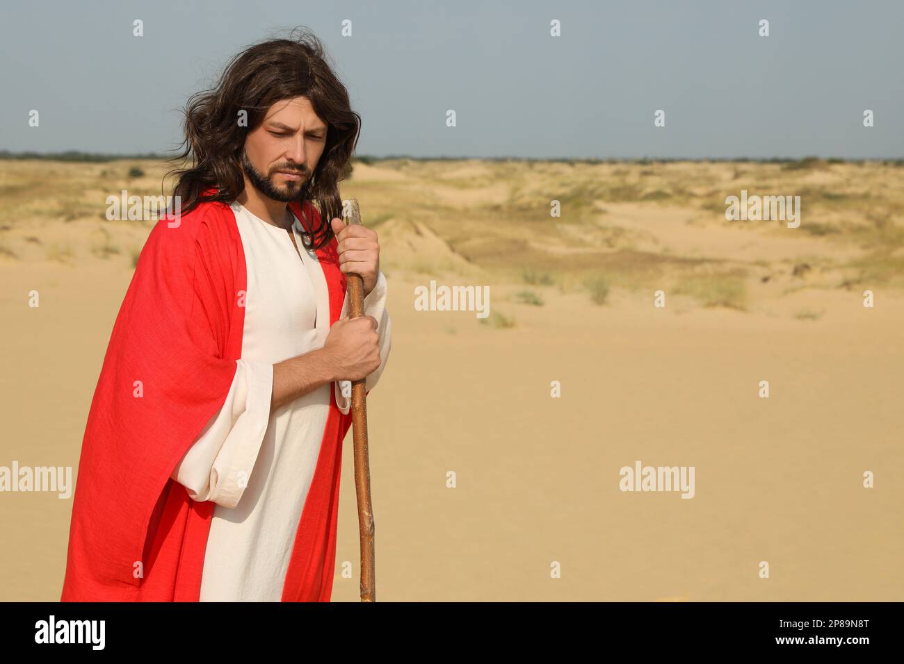 Jesus Christ walking with stick in desert. Space for text Stock Photo ...