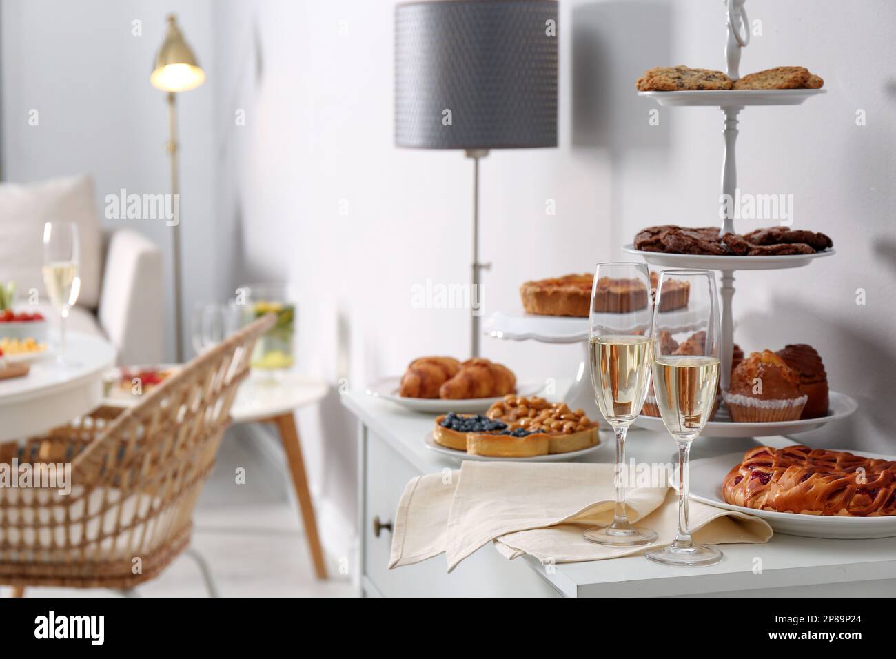 Variety of snacks served on tables indoors in buffet style Stock Photo ...