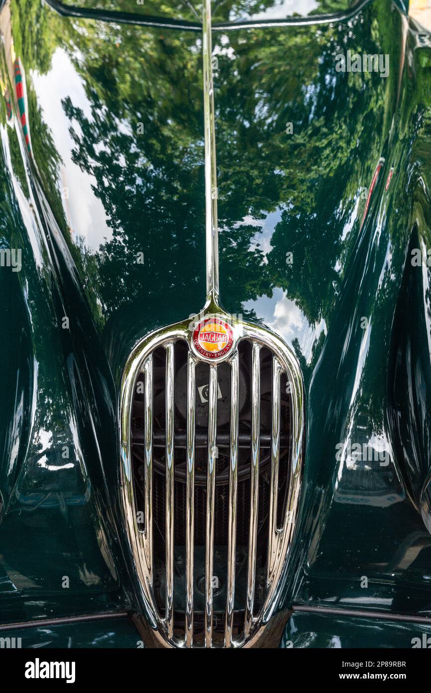 High angle view of the hood and grille of a vintage car. Brussels Stock ...