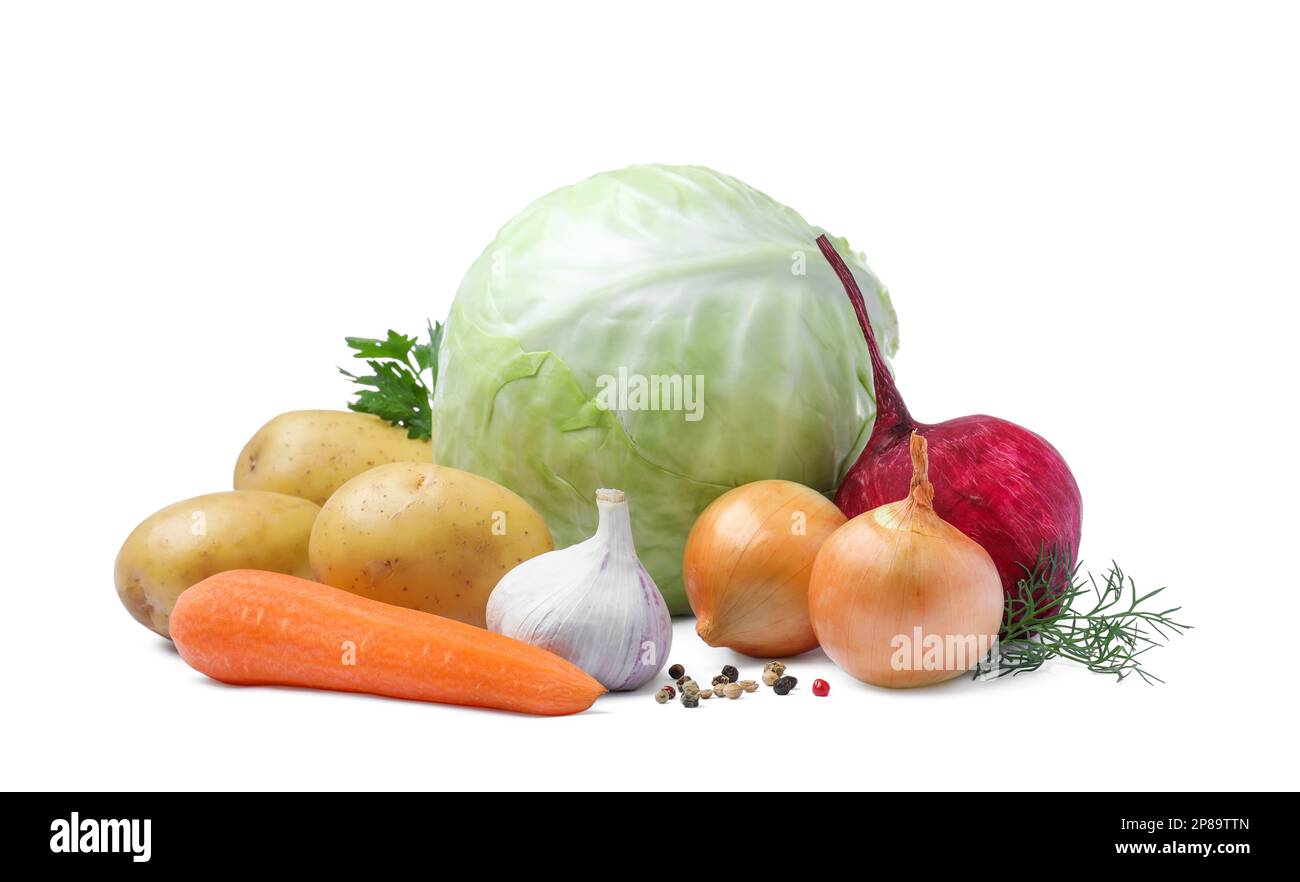 Ingredients for traditional borscht on white background Stock Photo - Alamy