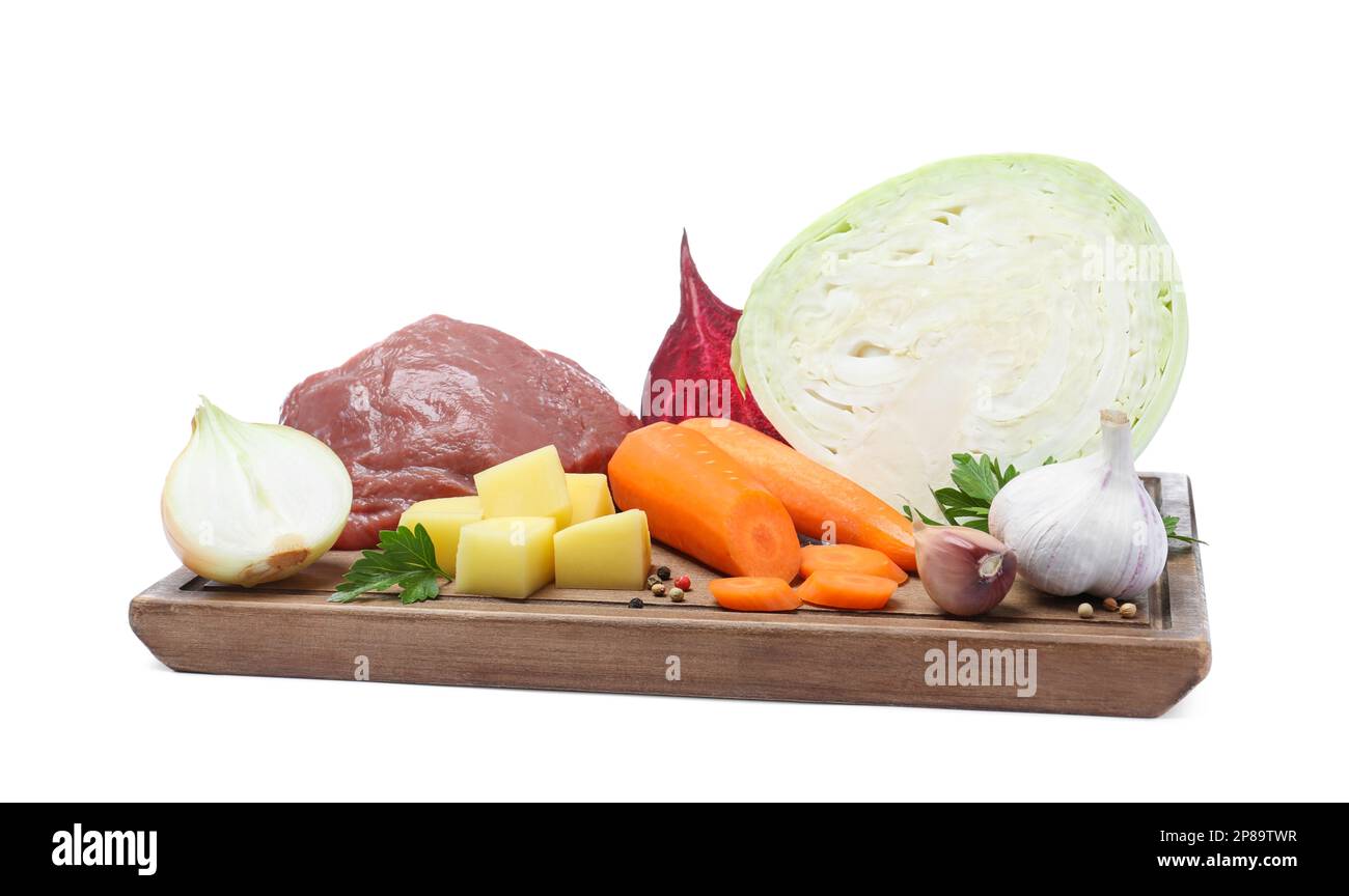 Ingredients for traditional borscht on white background Stock Photo - Alamy